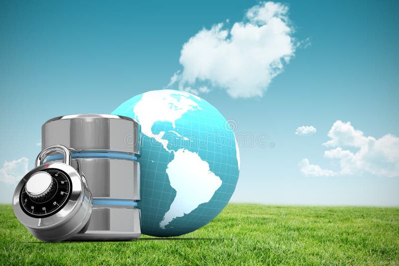 Composite Image of Database Server Icon with Combination Lock and Earth ...