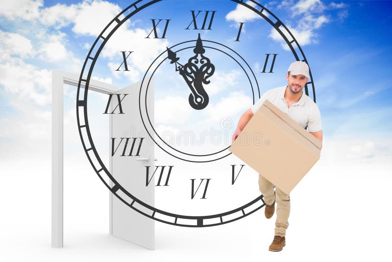 Composite Image of Delivery Man with Cardboard Box Running Stock Image ...