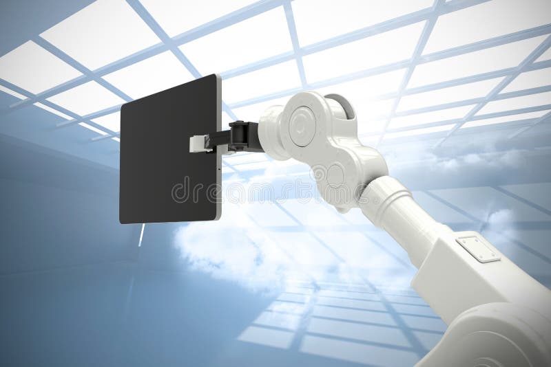 Composite Image of Digital Generated Image of Robot Holding Digital ...