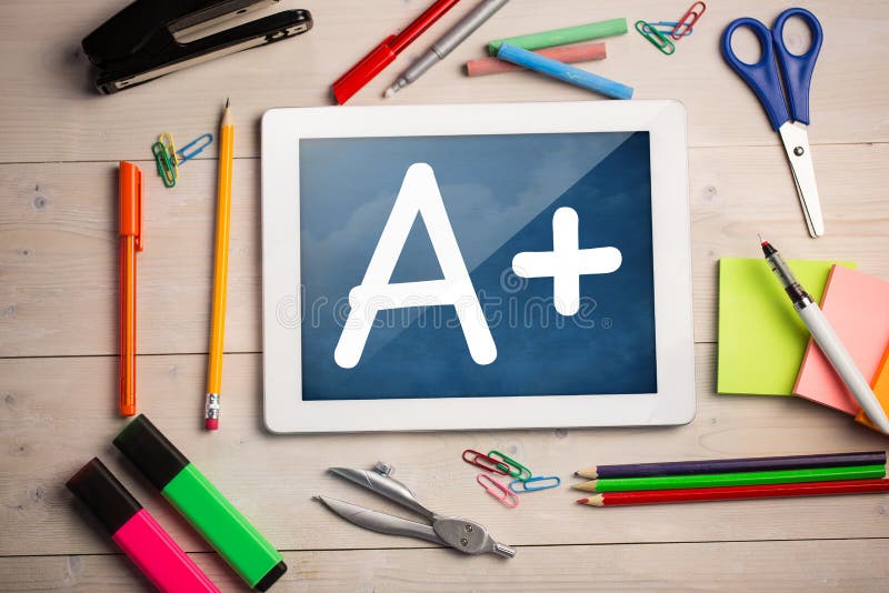 Composite Image of Digital Tablet on Students Desk Stock Illustration ...