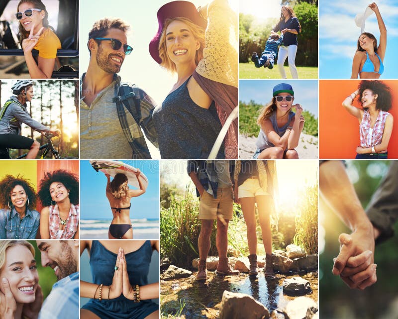 Outdoor Fun. Composite Image of a Diverse Group of Smiling People ...