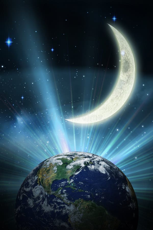 Earth with Crescent Moon and Sun Over Universe Stock Illustration ...