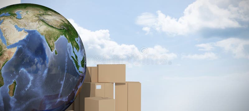Composite Image of Earth Surrounded by Cardboard Boxes Stock ...