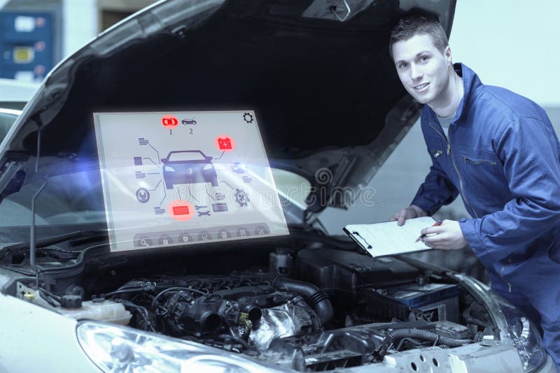 Mechanic Using Tablet and Futuristic Interface Stock Photo - Image of ...