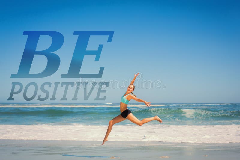 A Composite Image of Fit Woman Jumping Gracefully on the Beach Stock ...