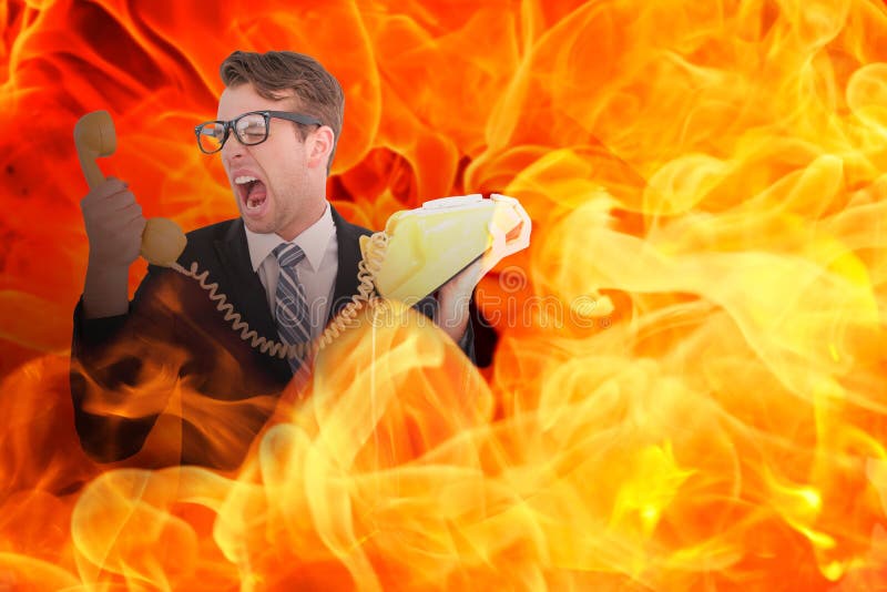 Composite Image of Geeky Businessman Shouting at Telephone Stock Image ...