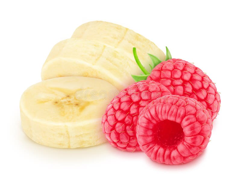 Composite Image with Halved Banana and Raspberry Isolated on a White ...