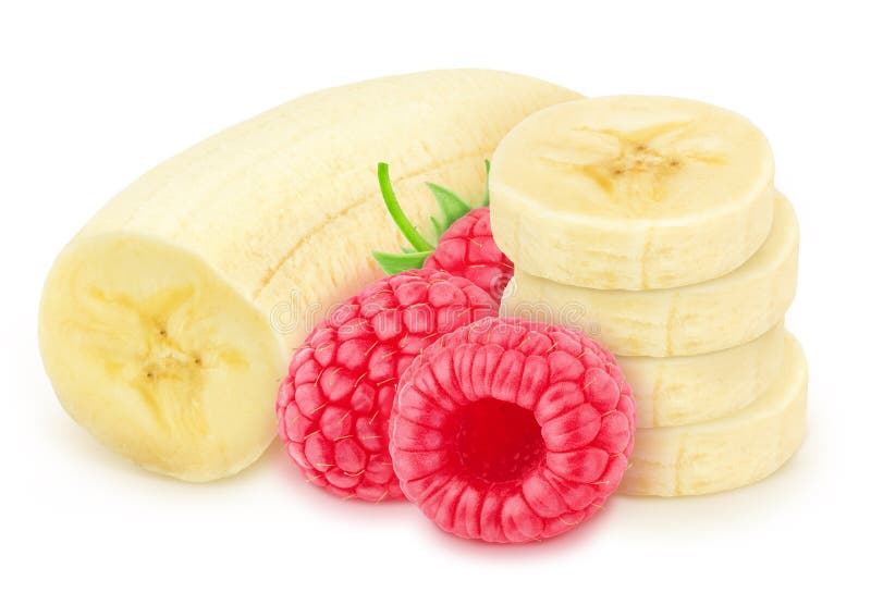 Composite Image with Halved Banana and Raspberry Isolated on a White ...