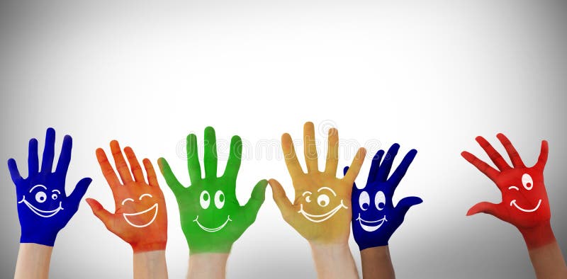Composite Image of Hands with Colourful Smiley Faces Stock Photo ...
