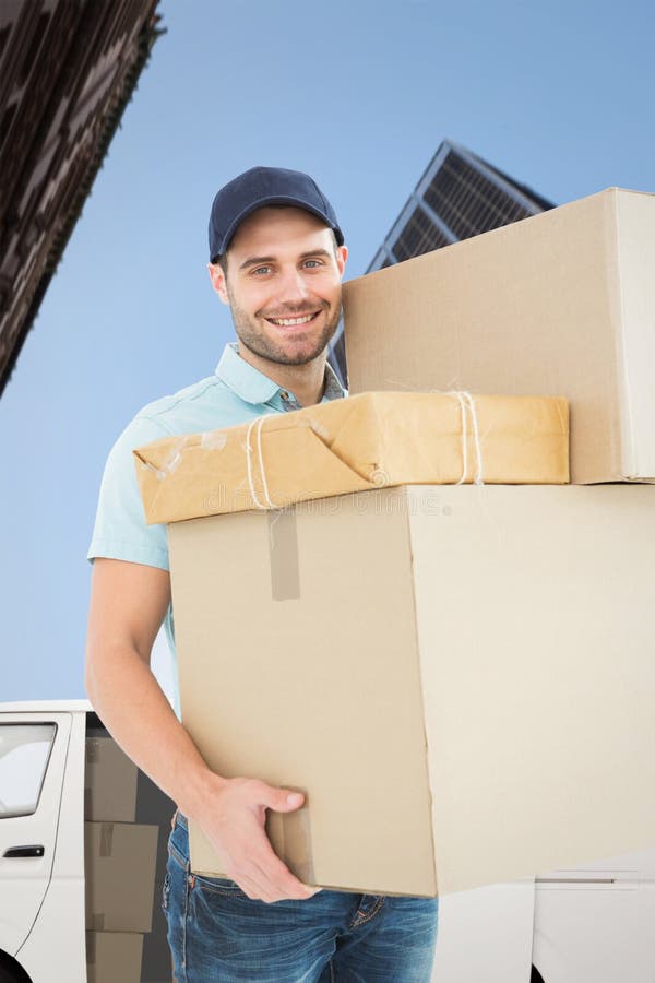 Composite Image of Happy Delivery Man Carrying Cardboard Boxes Stock ...