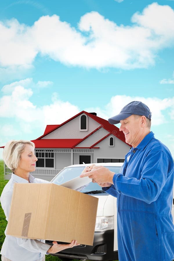 Composite Image of Happy Delivery Man with Customer Stock Photo - Image ...