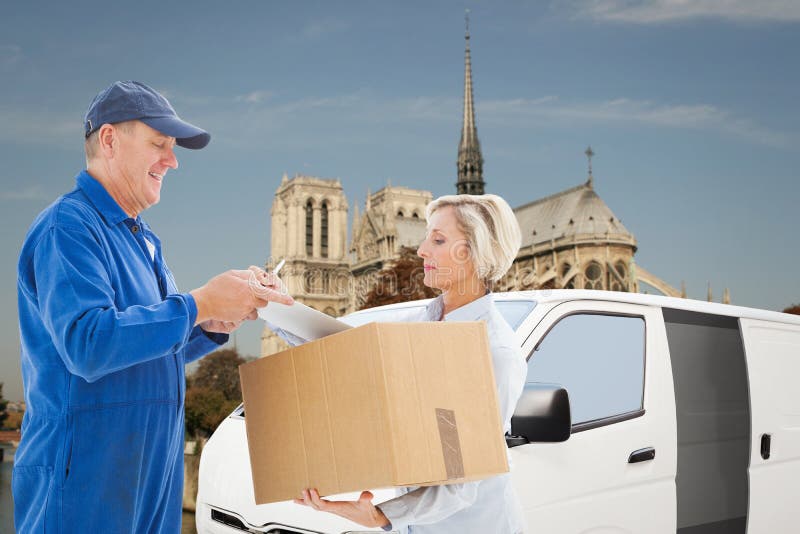 Composite Image of Happy Delivery Man with Customer Stock Image - Image ...