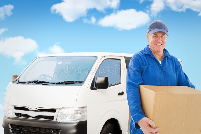 Composite Image of Happy Delivery Man Holding Cardboard Box Stock Image ...