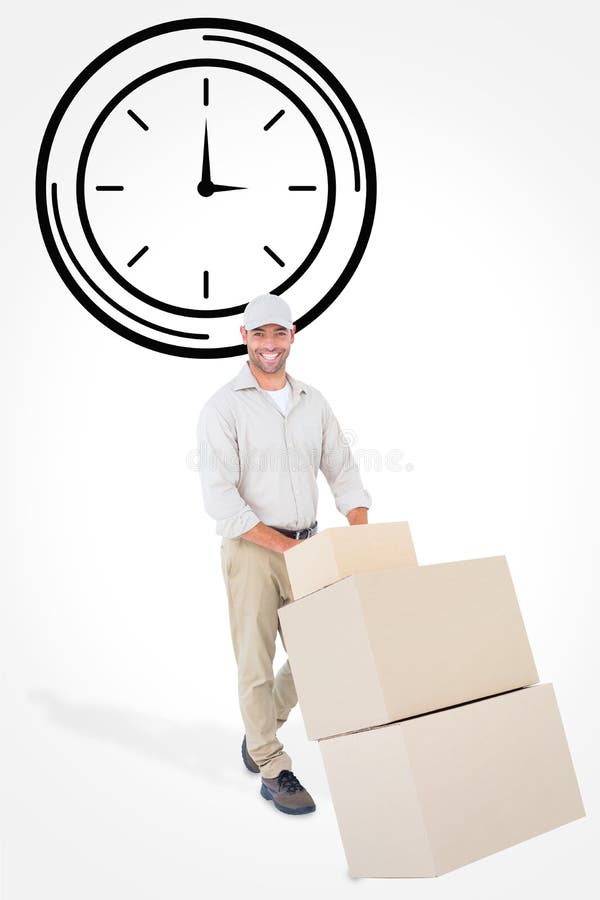 Composite Image of Happy Delivery Man Pushing Trolley of Boxes Stock ...