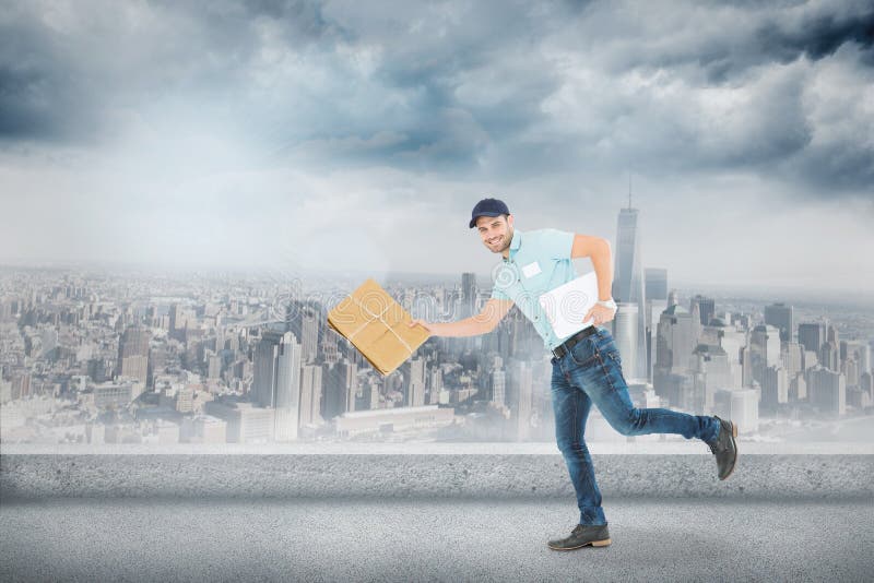 Composite Image of Happy Delivery Man Running with Package Stock Photo ...