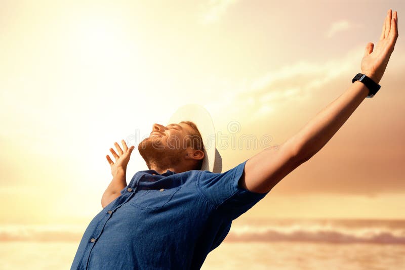 Composite Image of Happy Man Raising His Arms Up Stock Image - Image of ...