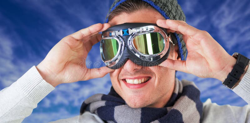 Composite Image of Happy Man Wearing Aviator Goggles Stock Image ...