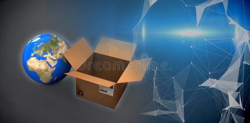 Composite Image of High Angle View of Planet Earth and Cardboard Box ...