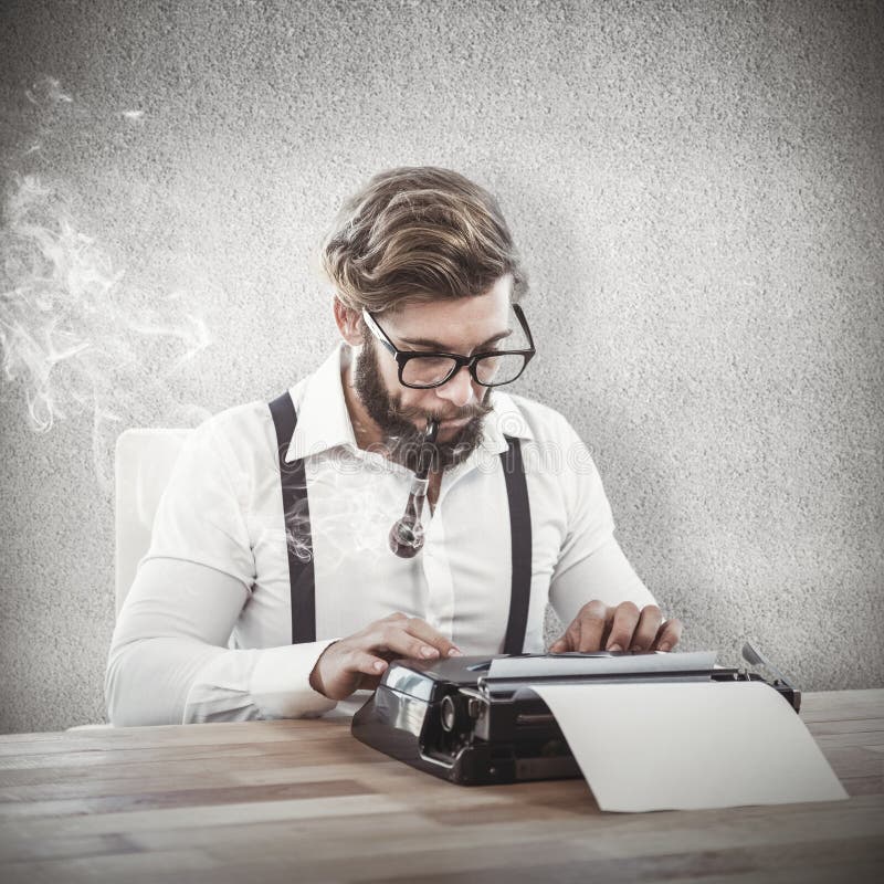 Composite Image of Hipster Smoking Pipe while Working on Typewriter ...