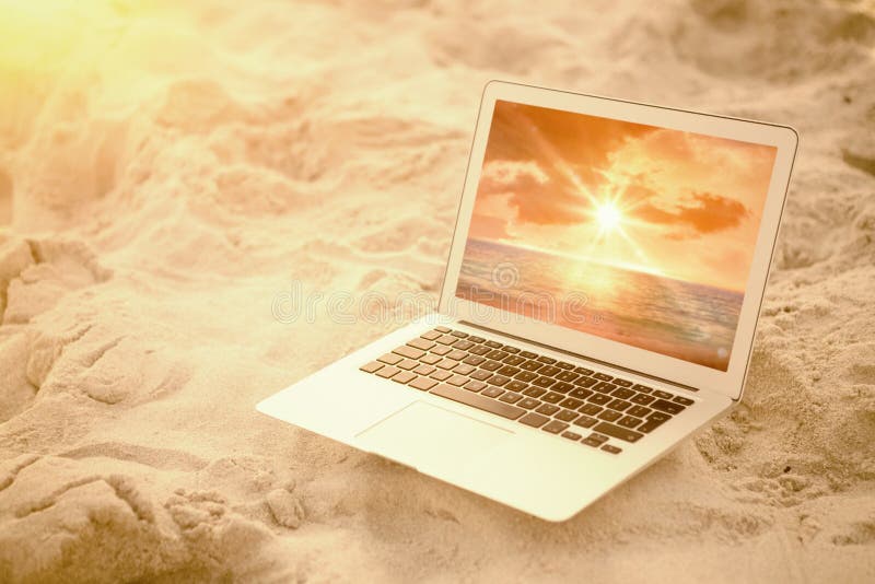 Composite Image of Laptop Kept on Sand at Beach Stock Image - Image of ...