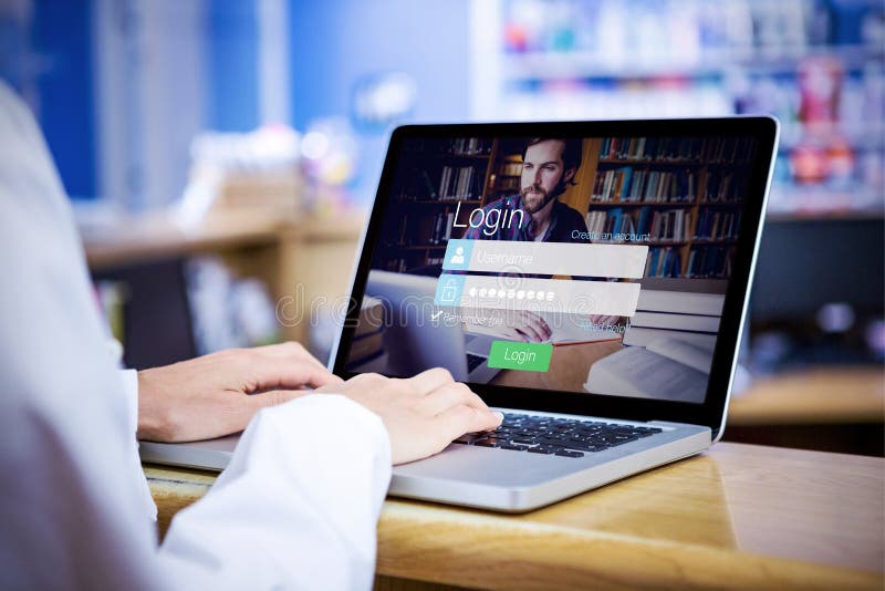 Composite Image of Login Screen with Hipster in Library and Laptop ...