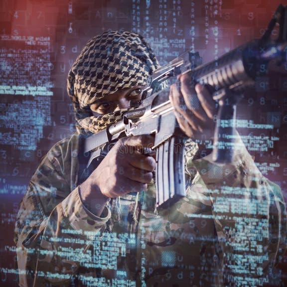 Composite Image of Low Angle View of Soldier Aiming with Rifle Stock ...