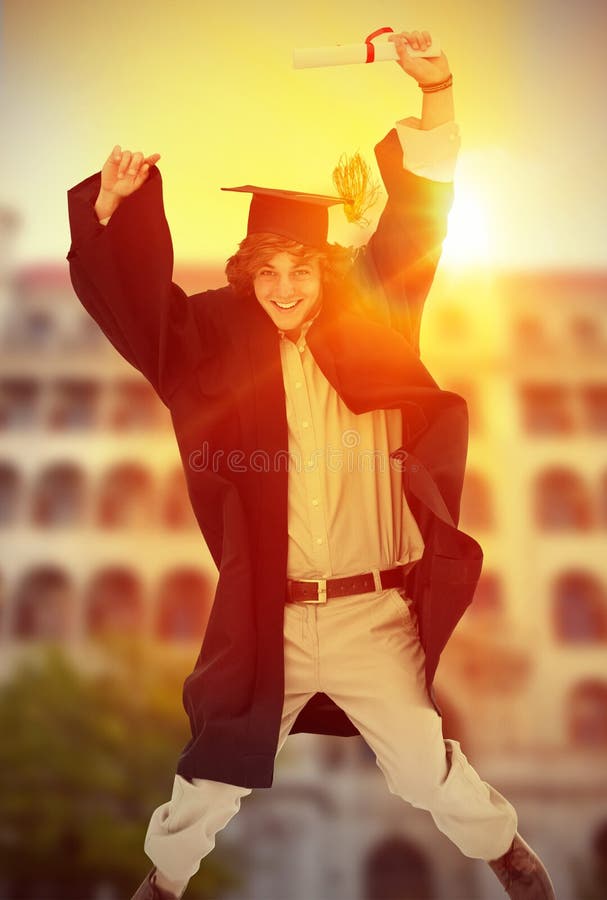 Composite Image of Male Student in Graduate Robe Jumping Stock Photo ...