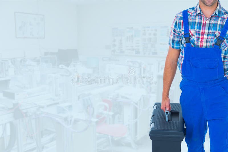 Composite Image of Man Holding a Toolbox Stock Image - Image of manual ...