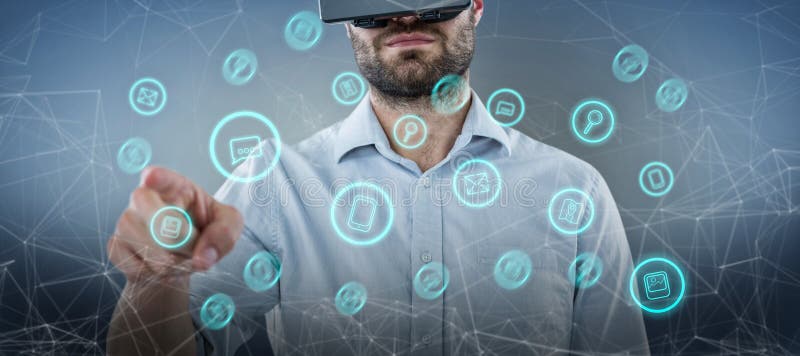 Composite Image of Man Pointing while Using Black Oculus Rift Headset ...
