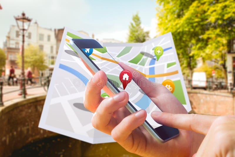 Composite Image of Man Using Map App on Phone Stock Illustration ...