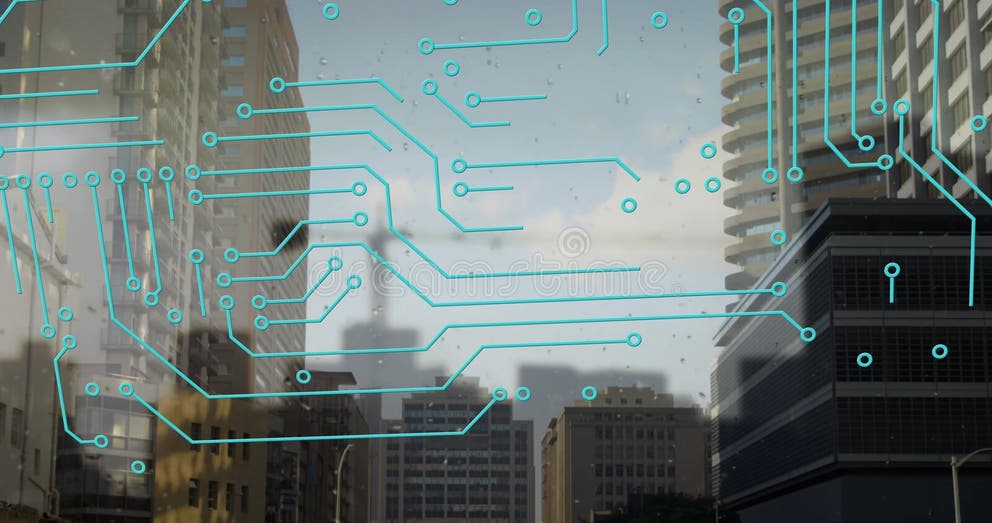 Composite Image of Microprocessor Connections Against Tall Buildings in ...