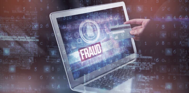 Composite Image of Mid Section of Hacker Using Laptop and Debit Card ...