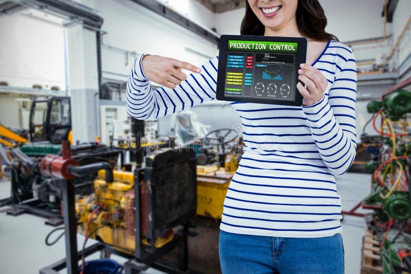 Composite Image of Mid Section of Woman Pointing at Tablet Computer ...