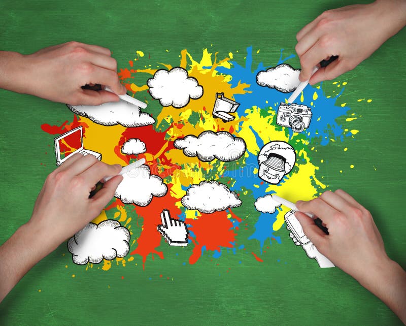 Composite Image of Multiple Hands Drawing Apps with Chalk Stock Image ...