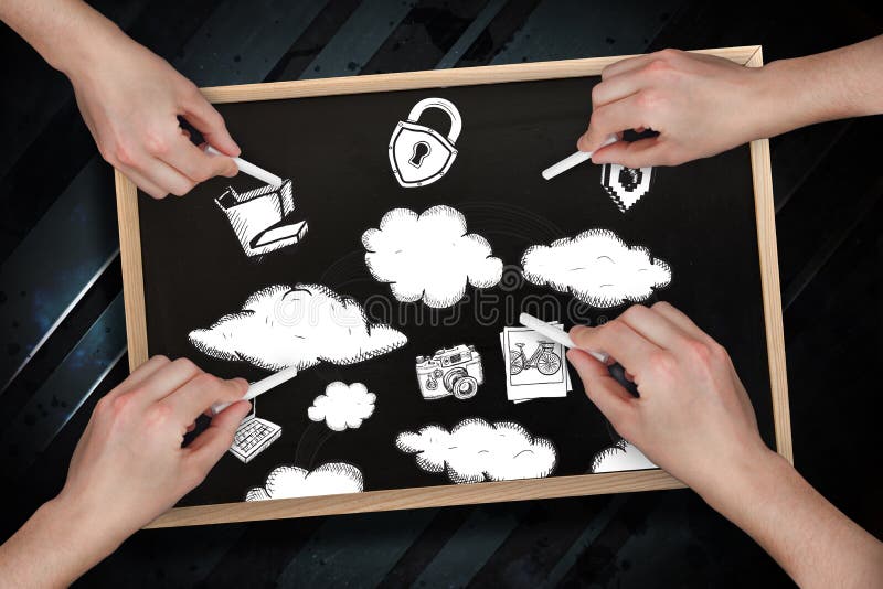 Composite Image of Multiple Hands Drawing Clouds with Chalk Stock Image ...