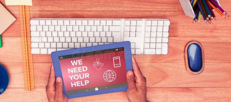 Composite Image of we Need Your Help Text with Various Icons on Screen ...