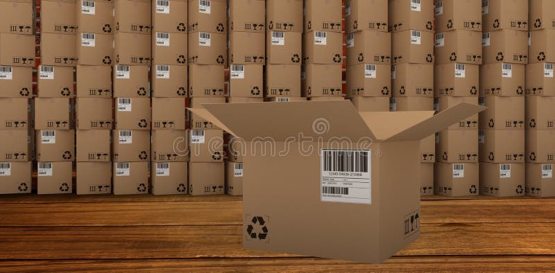 Composite Image of Open Cardboard Box by Stack of Boxes Stock ...