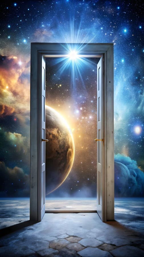 Composite Image of Open Door with Planets and Stars in Space Stock ...