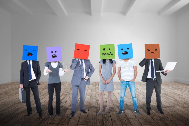 Composite Image of People with Boxes on Their Heads Stock Photo - Image ...