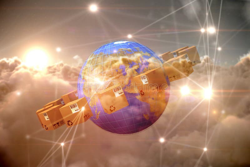 Composite Image of Planet Earth Amidst Cardboard Boxes Stock ...