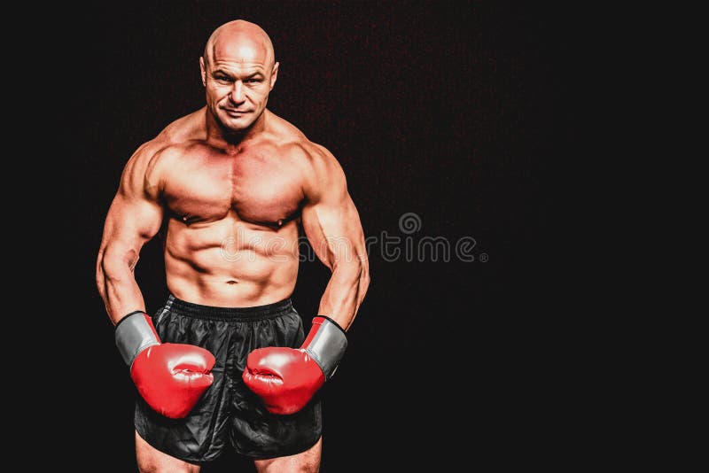 Composite Image of Portrait Full Length of Bald Boxer Flexing Muscles ...