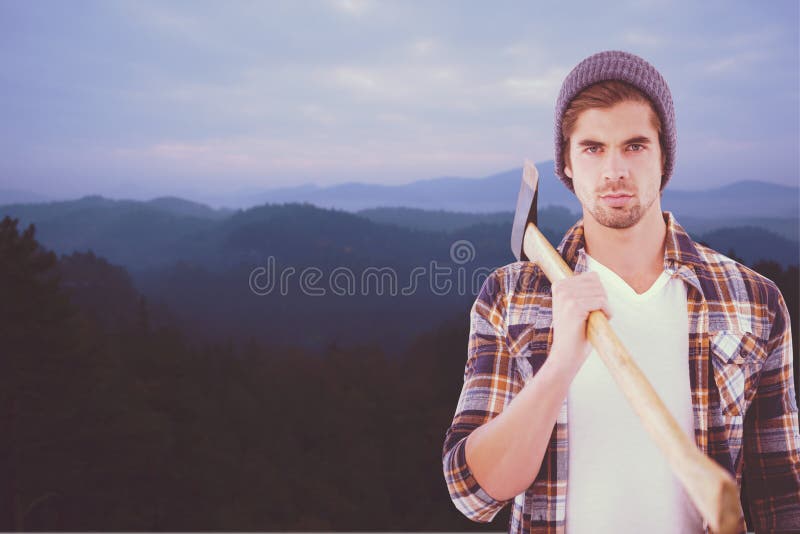 Composite Image of Portrait of Hipster Holding Axe on Shoulder Stock ...