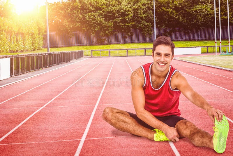 Composite Image of Portrait of Male Athlete Stretching His Hamstring ...