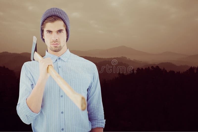 Composite Image of Portrait of Serious Hipster Holding Axe on Shoulder ...