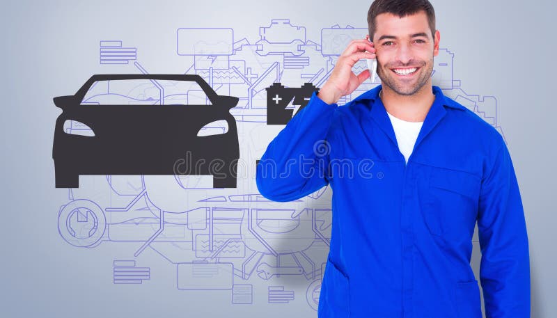 Composite Image of Portrait of Smiling Male Mechanic Using Mobile Phone ... Composite Image of Portrait of Smiling Male Mechanic Using Mobile Phone ...