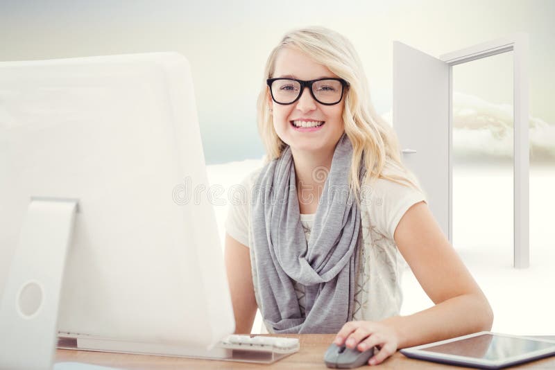 Composite Image of Portrait of Smiling Woman Using Computer Stock Image ...