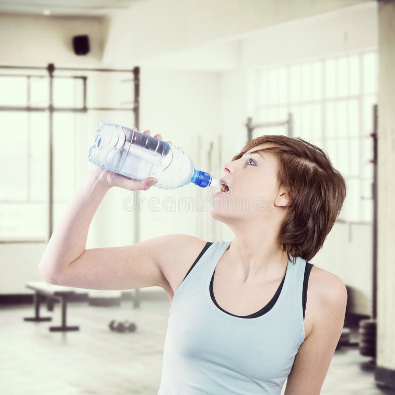 Composite Image of Pretty Brunette Drinking Water Stock Photo - Image ...