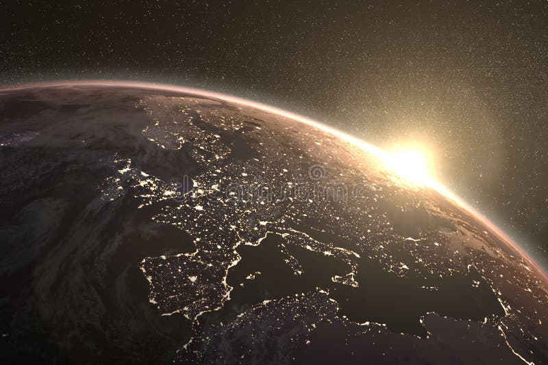 Composite Image of Rising Sun Behind Planet Earth Stock Illustration ...