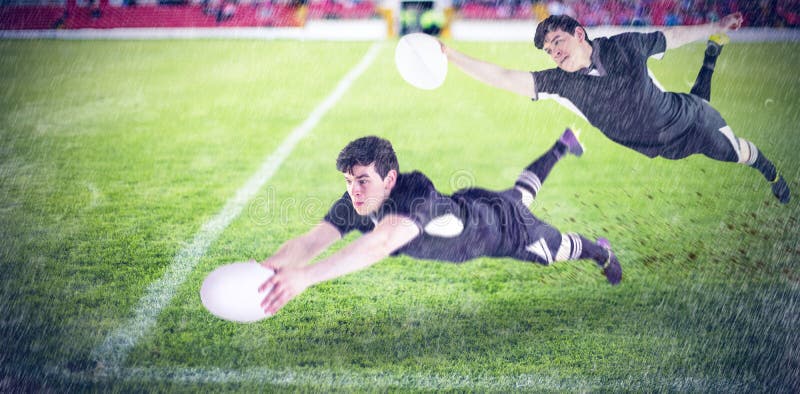 Composite Image of a Rugby Player Scoring a Try Stock Photo - Image of ...