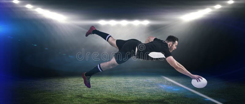 Composite Image of Rugby Player Scoring a Try Stock Image - Image of ...